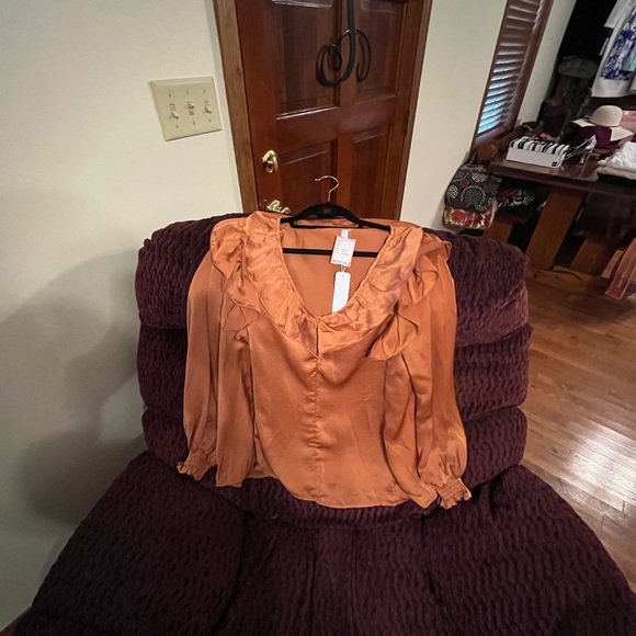 glam | Tops | Nwt Rust Color For Fall Satin Ruffled Long Sleeve Blouse ...